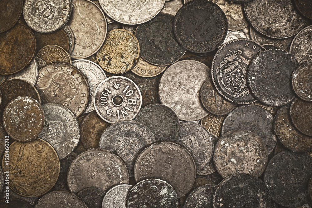 Old oxidized coins of different nationalities from different periods ...