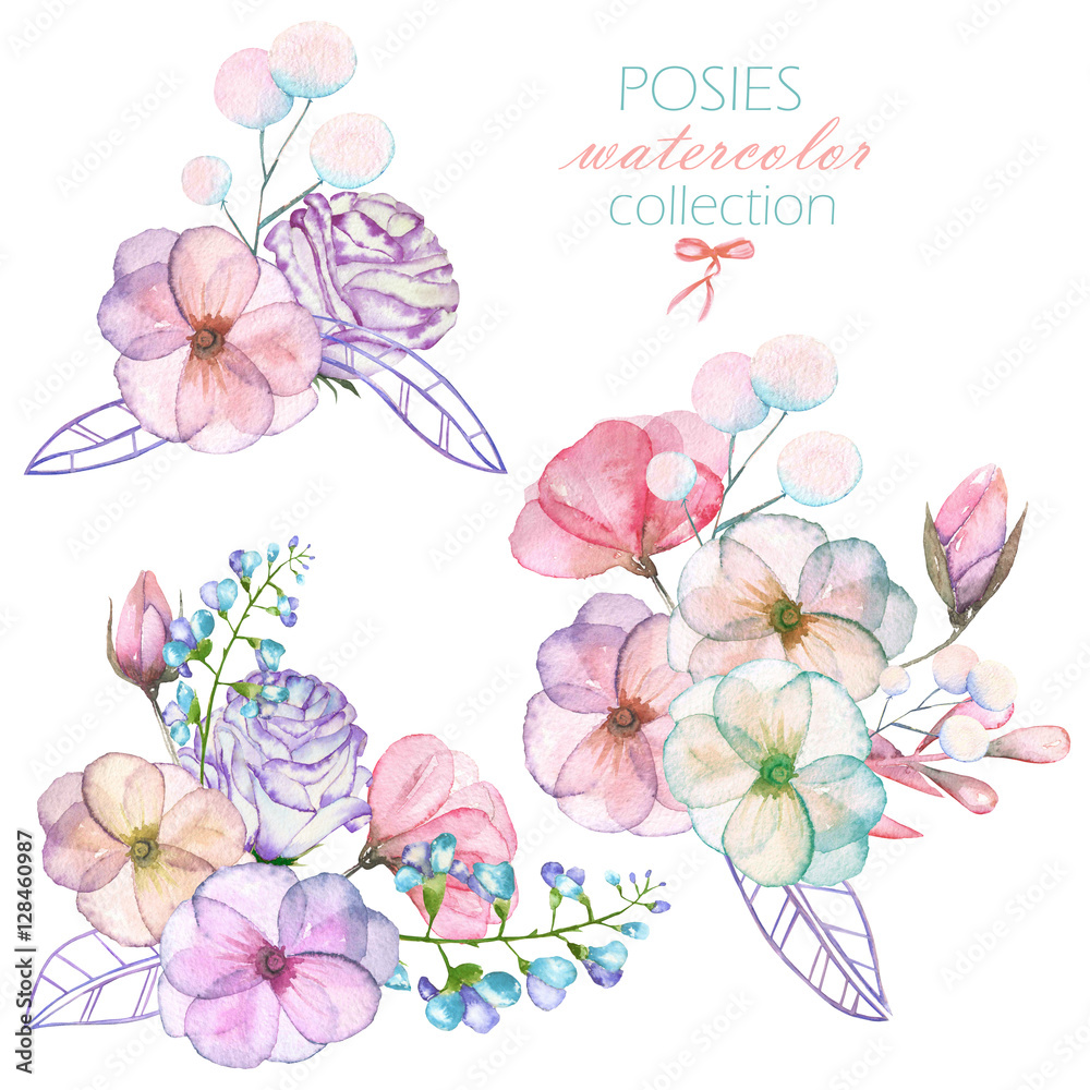 Set with isolated watercolor floral bouquets from tender flowers and ...