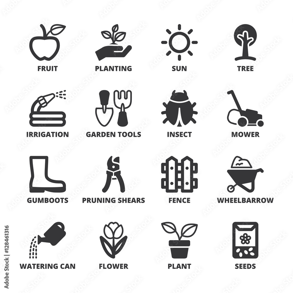 Gardening flat symbols. Black Stock Vector | Adobe Stock