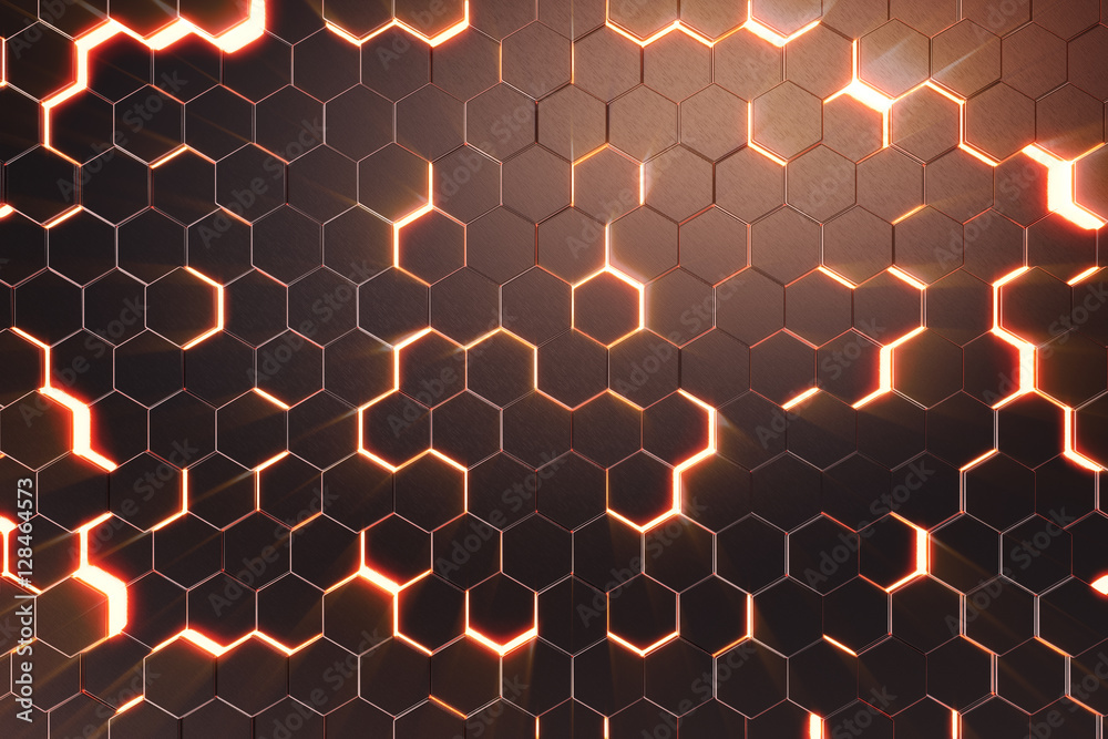 Abstract Red Of Futuristic Surface Hexagon Pattern With Light Rays 3d Rendering Stock