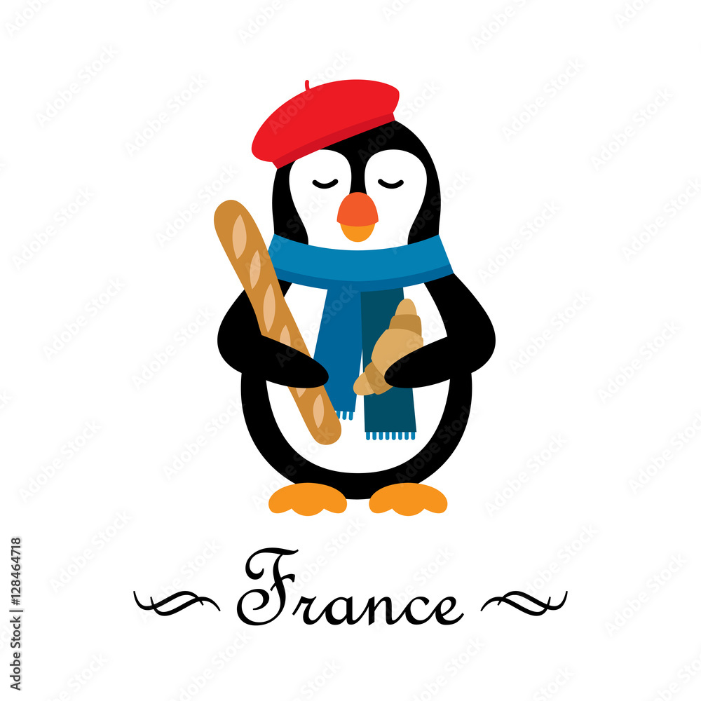 French penguin illusration. Penguin with croissant and baguette Stock ...