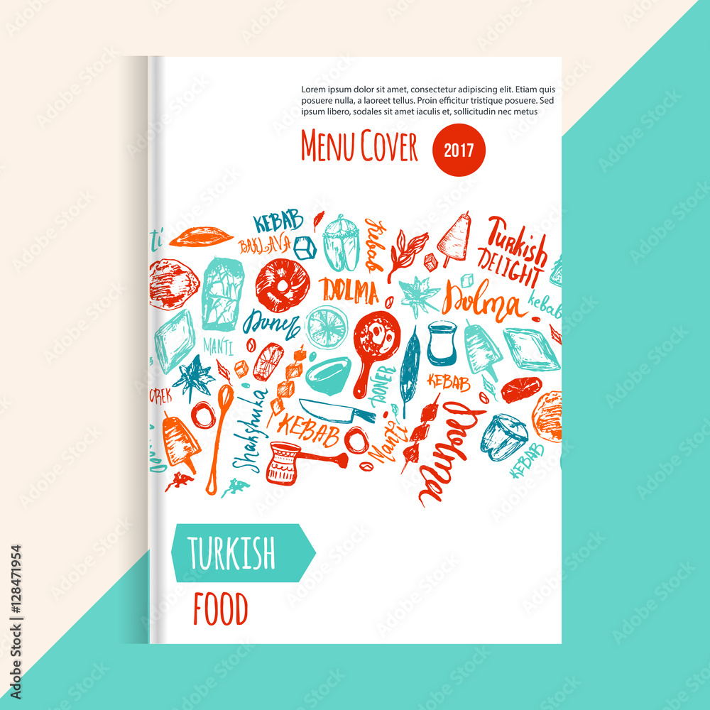 Turkish food hand drawn menu design with lettering and beverages with ...