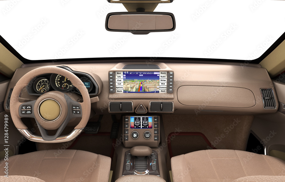 Front view dashboard of modern brand new car with windows 3d ill Stock ...