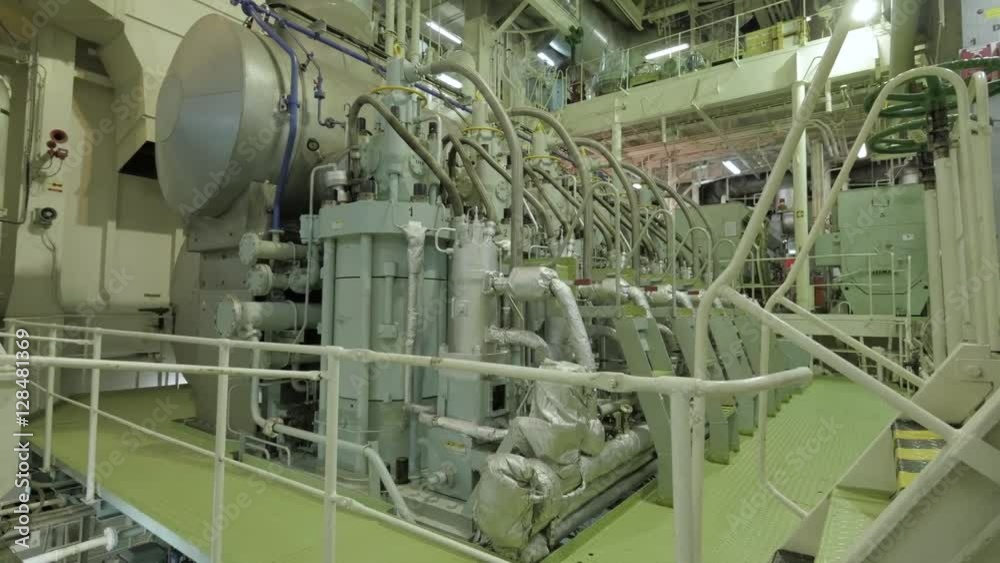Main engine of ship, low speed two stroke cross head diesel. Noise in ...