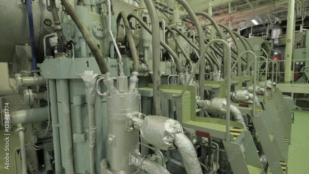 Main engine of ship, low speed two stroke cross head diesel. Noise in ...