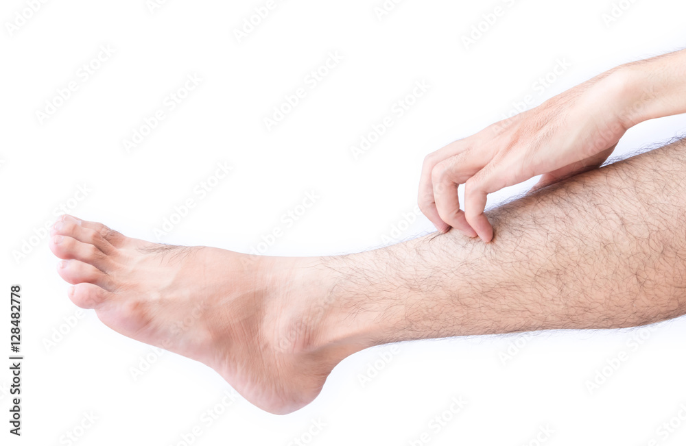 Woman hand scratching on feet with white background for healthy Stock ...