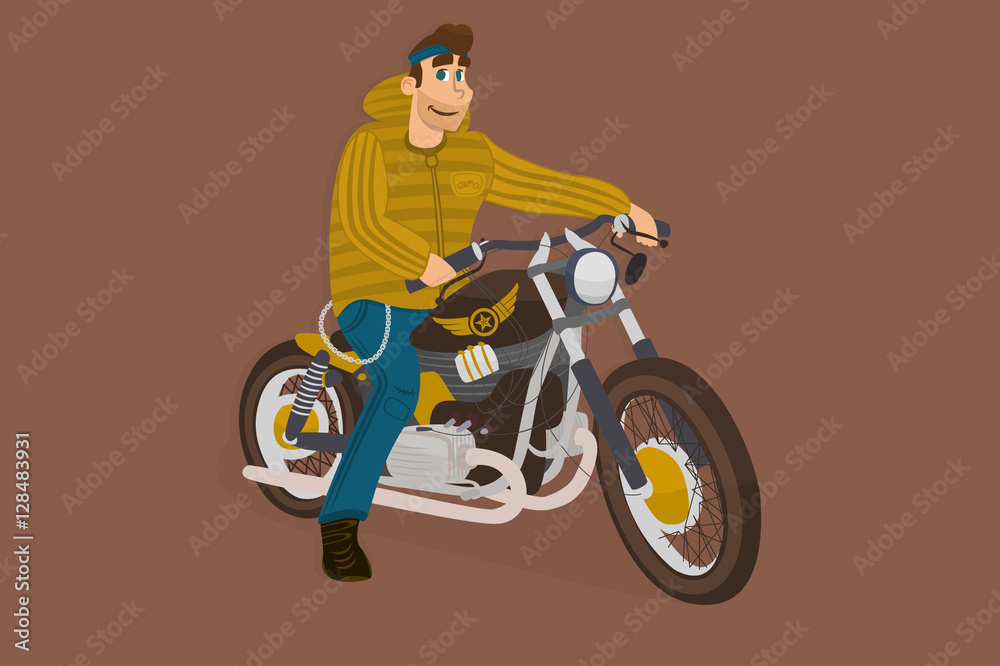 Cartoon motorcycle with driver. vintage stylish bike. flat design for ...