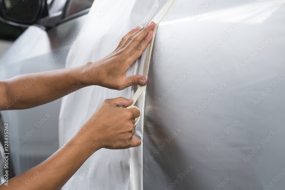 Auto body repair series : Masking car before repaint Stock Photo ...