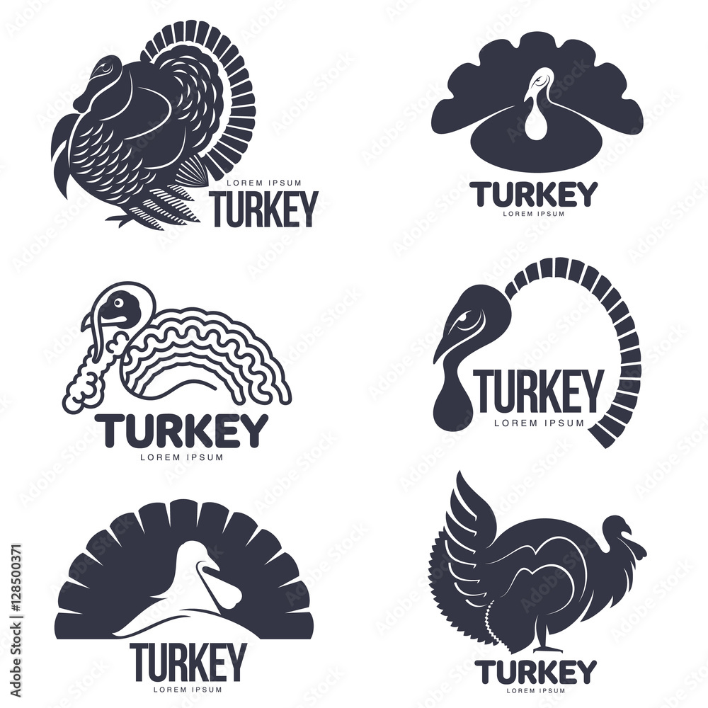 Set of turkey stylized graphic logo templates, vector illustration on ...