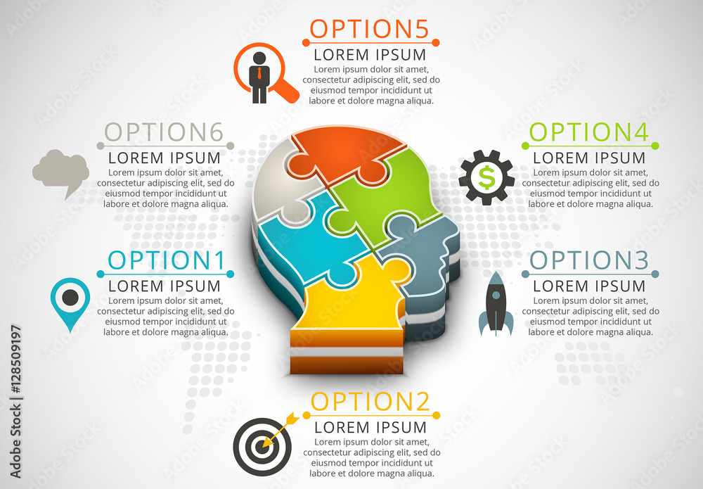 3D Head and Puzzle Piece Element Infographic Stock Template | Adobe Stock