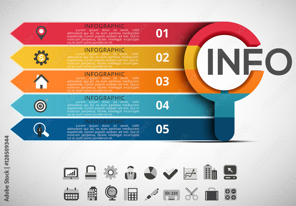 Magnifying Glass and Text Element Infographic with Arrow Tabs Stock ...