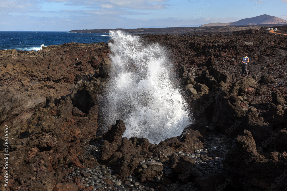 Boiling sea water. Volcanic coastline. Stock Photo | Adobe Stock