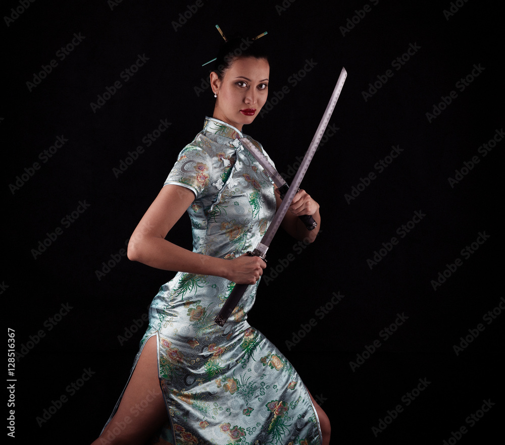 Samurai Girl, female ninja, samurai sword, katana, studio portrait ...