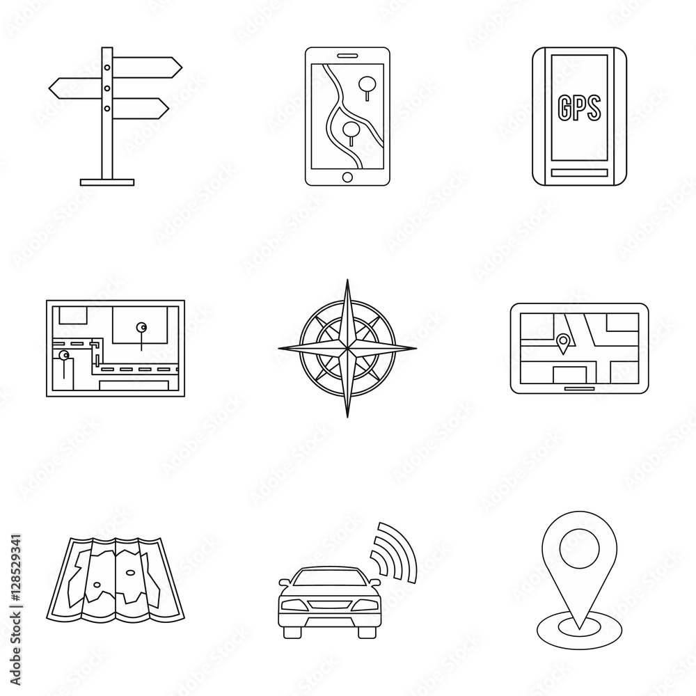 GPS map icons set. Outline illustration of 9 GPS map vector icons for ...