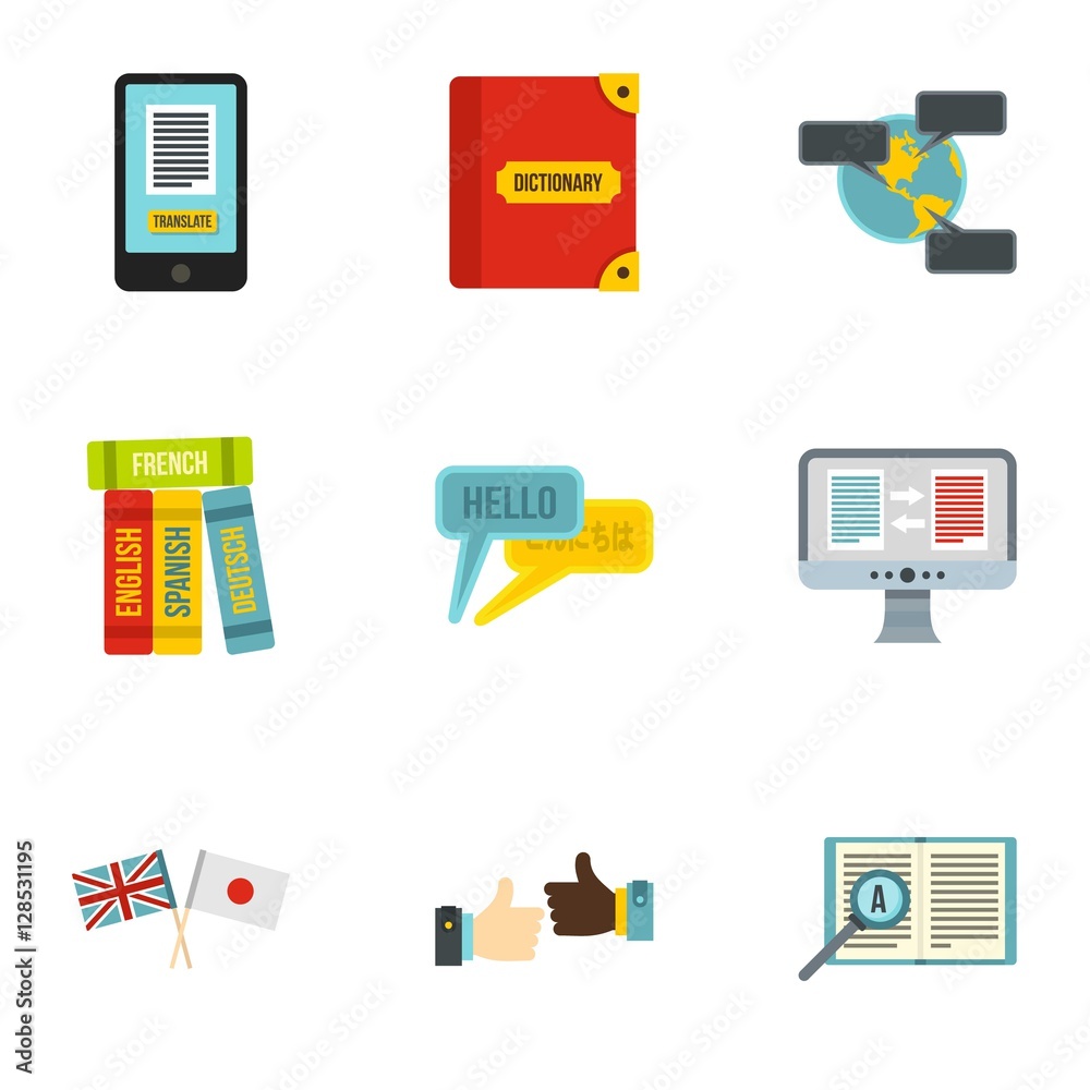 Translation icons set. Flat illustration of 9 translation vector icons ...