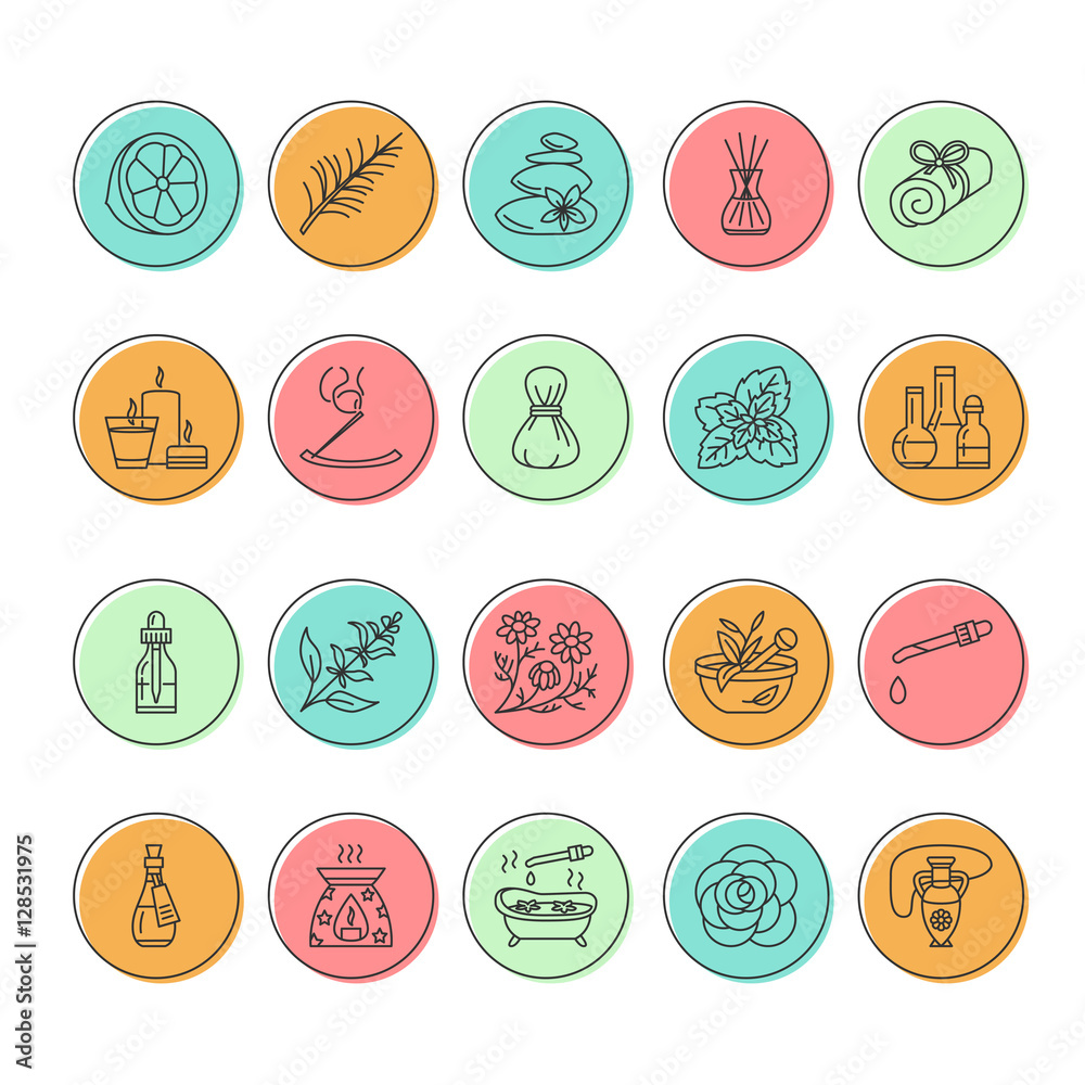 Modern vector line icons of aromatherapy and essential oils. Elements ...