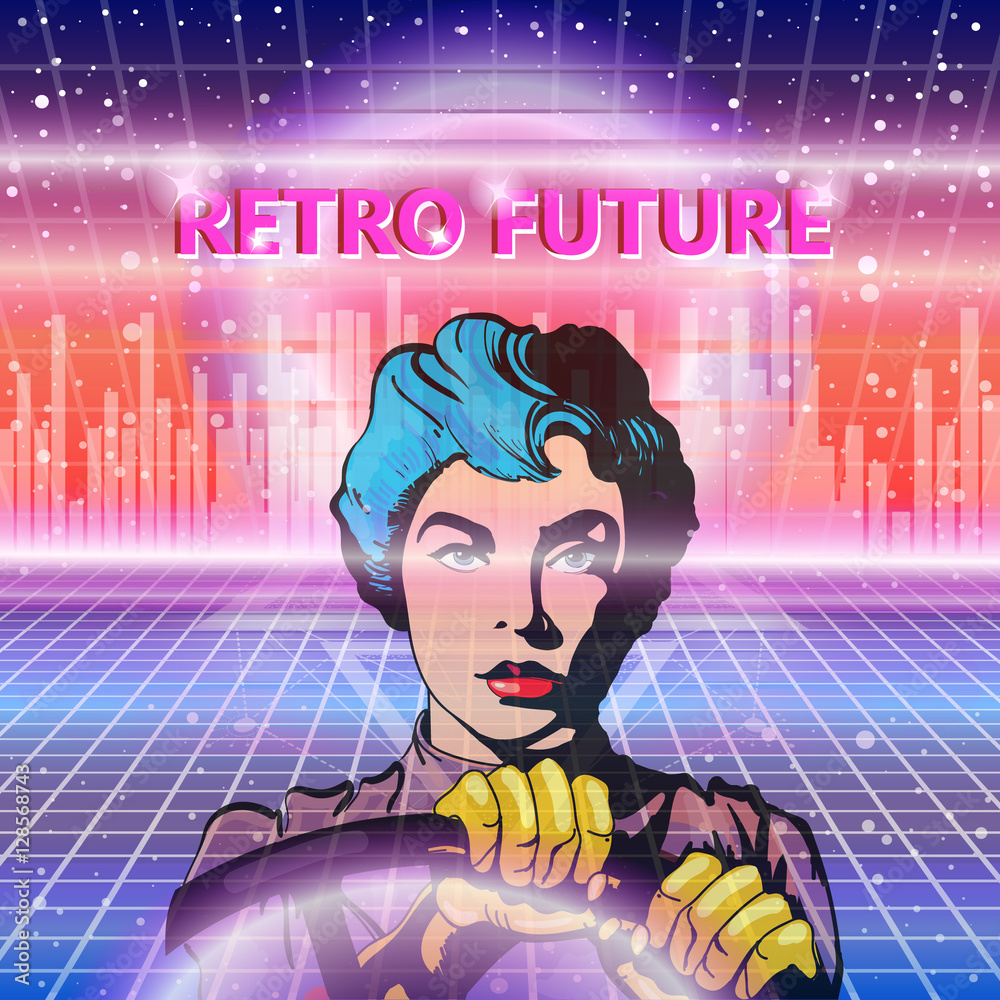 Retro future, 80s style Sci-Fi Background. Futuristic woman Stock ...