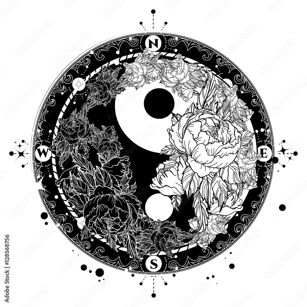 Yin and Yang tattoo art vector. Black and white roses Stock Vector ...