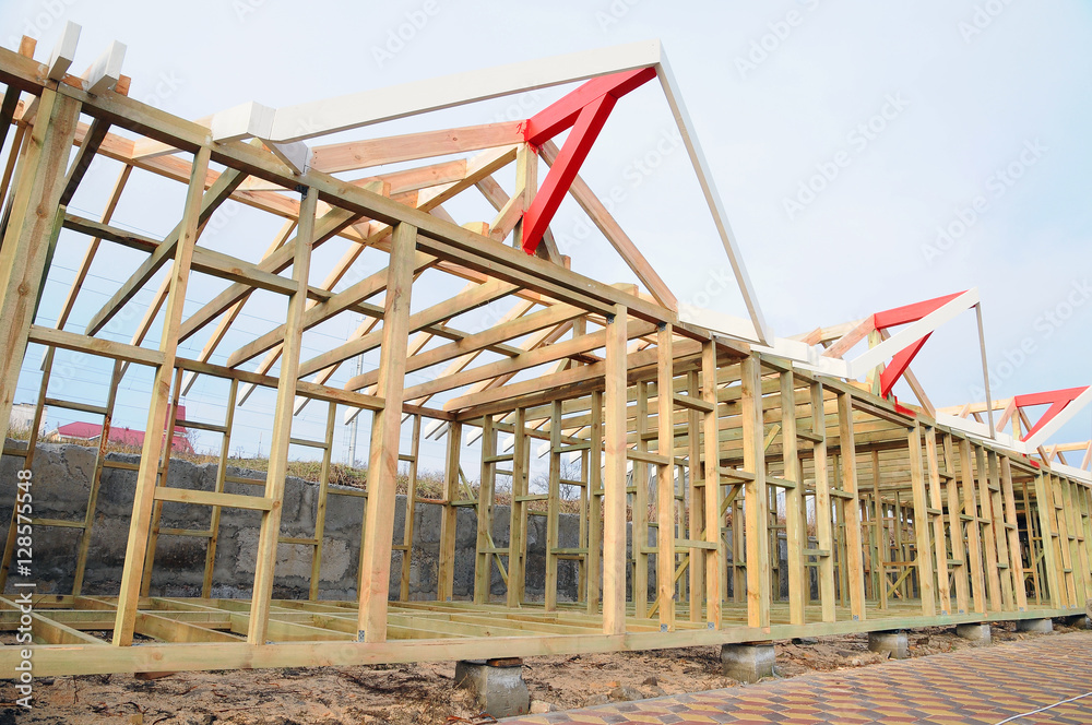 The wooden structure of the building. Wooden frame building. Wooden ...