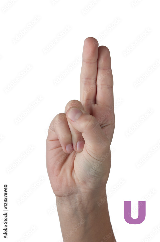 Nonverbal alphabet. Letter U made by fingers isolated on white Stock ...
