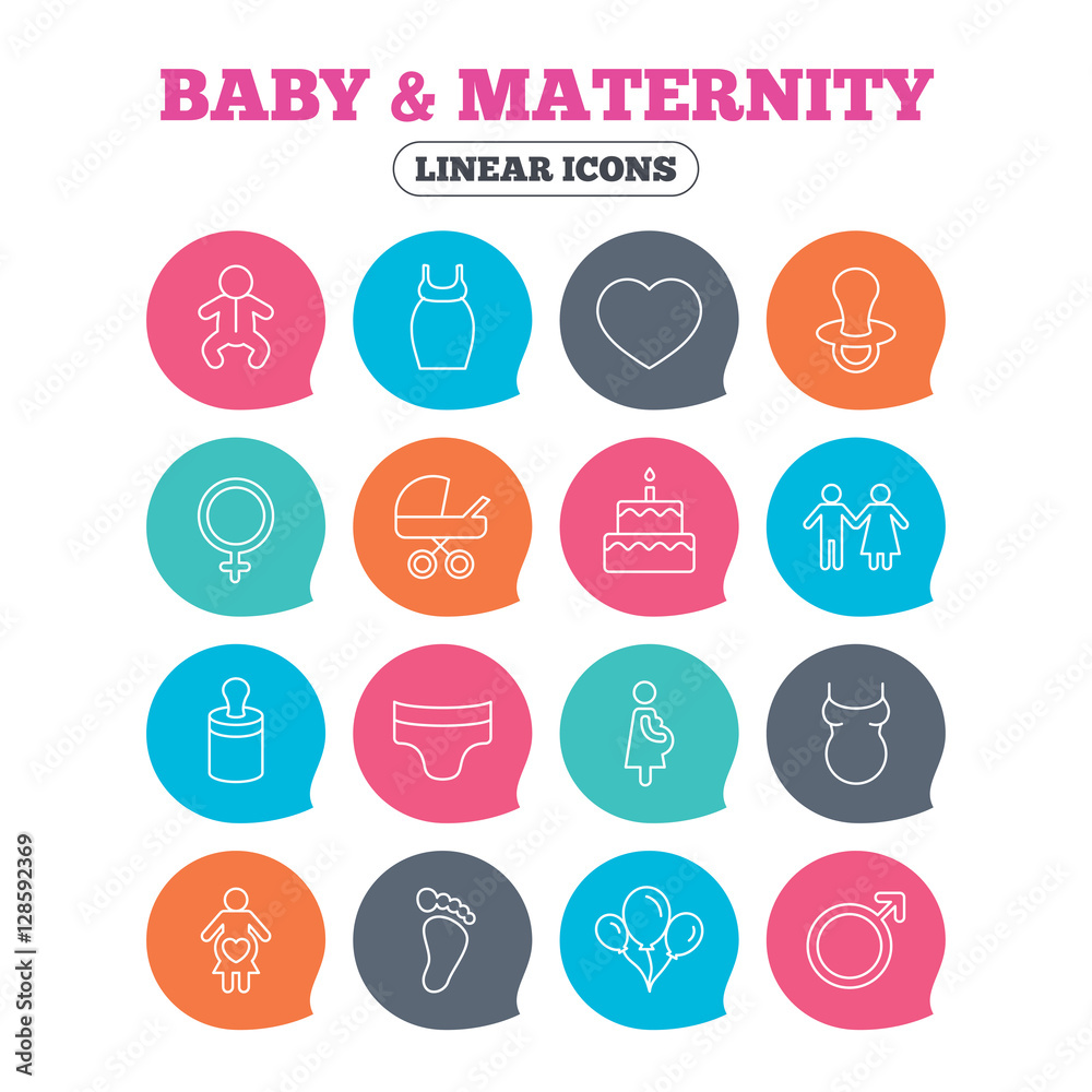 Baby and Maternity icons. Toddler, diapers and child footprint symbols ...