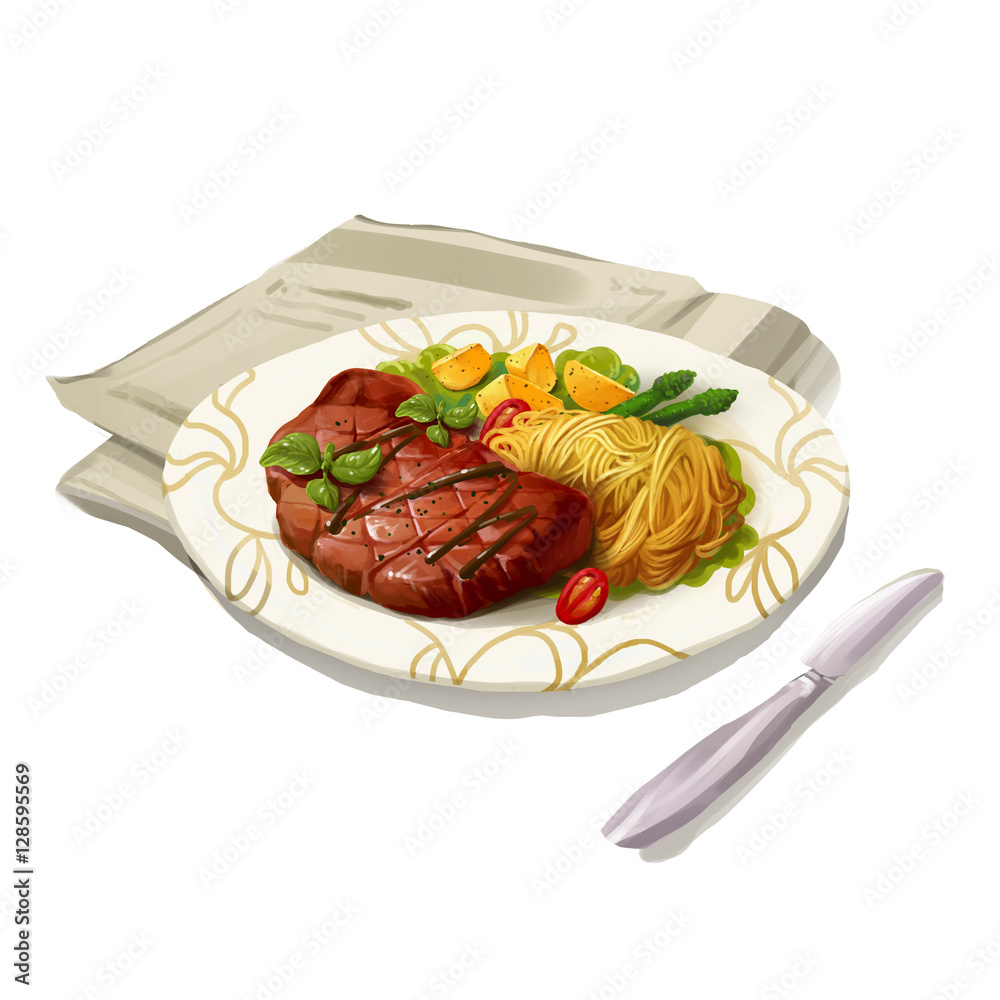 Western Food, Steak isolated on White Background. Digital CG Artwork ...