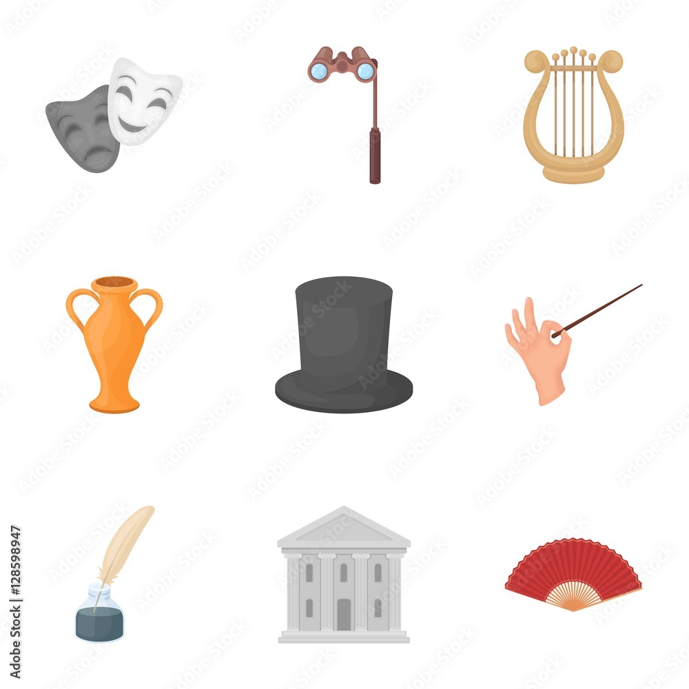 Theater set icons in cartoon style. Big collection of theater vector ...