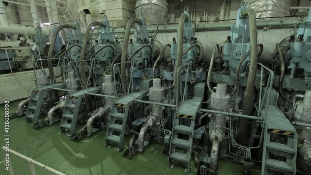 Main engine of ship, low speed two stroke cross head diesel. Noise in ...