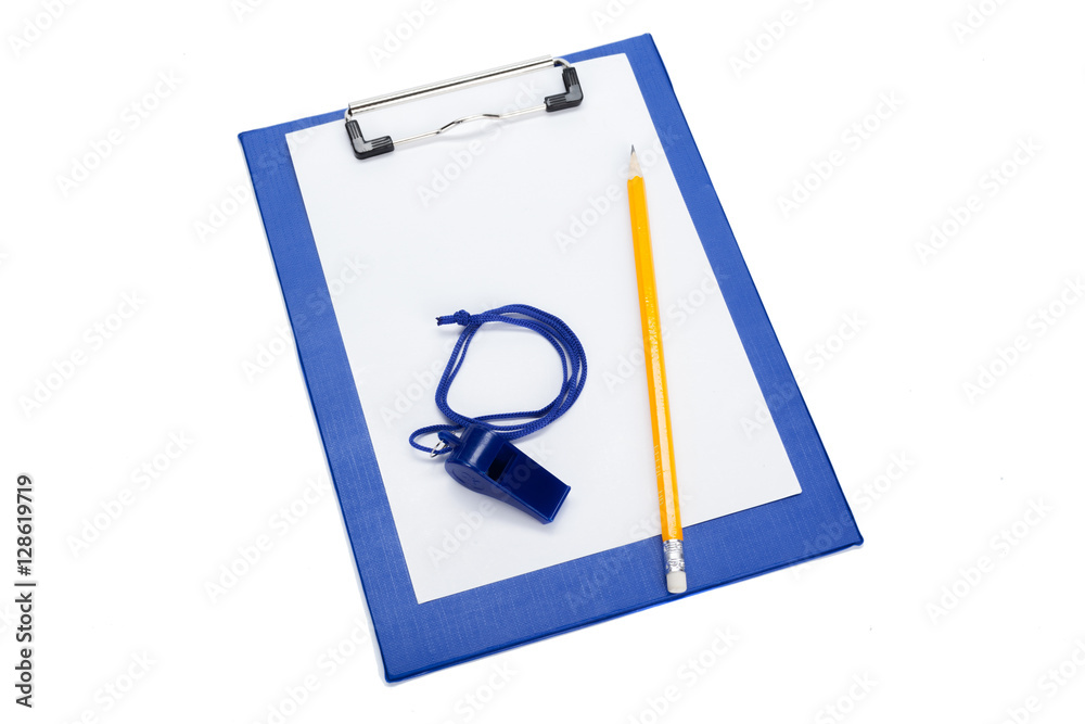A blank clipboard and a coaches whistle with copy space Stock Photo ...