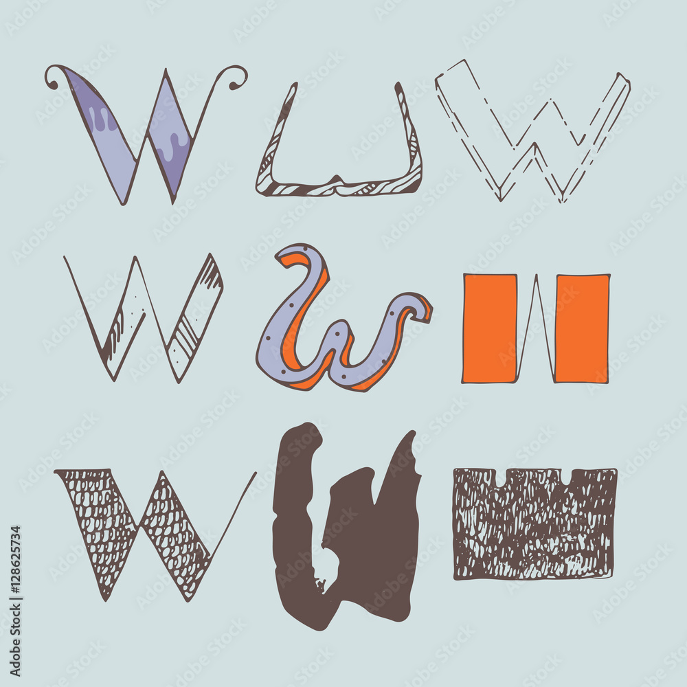 Vector set of colorful alphabet letters W, isolated on light blue ...