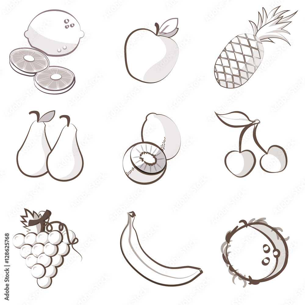Outline fruits set: banana, calligraphic style: lemon, cherries, red ...