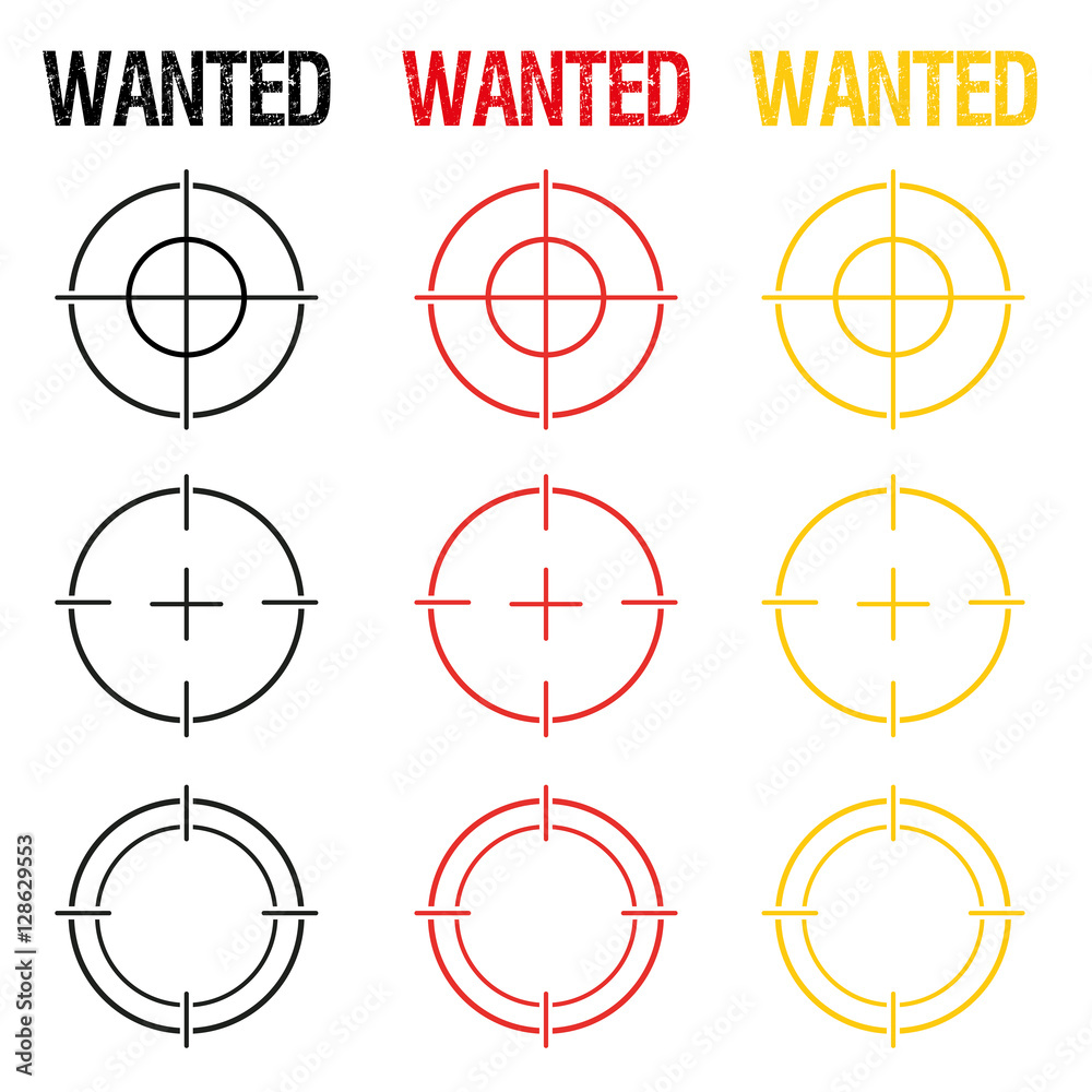 Gun-sight icon collection and wanted erodes lettering isolated on white ...