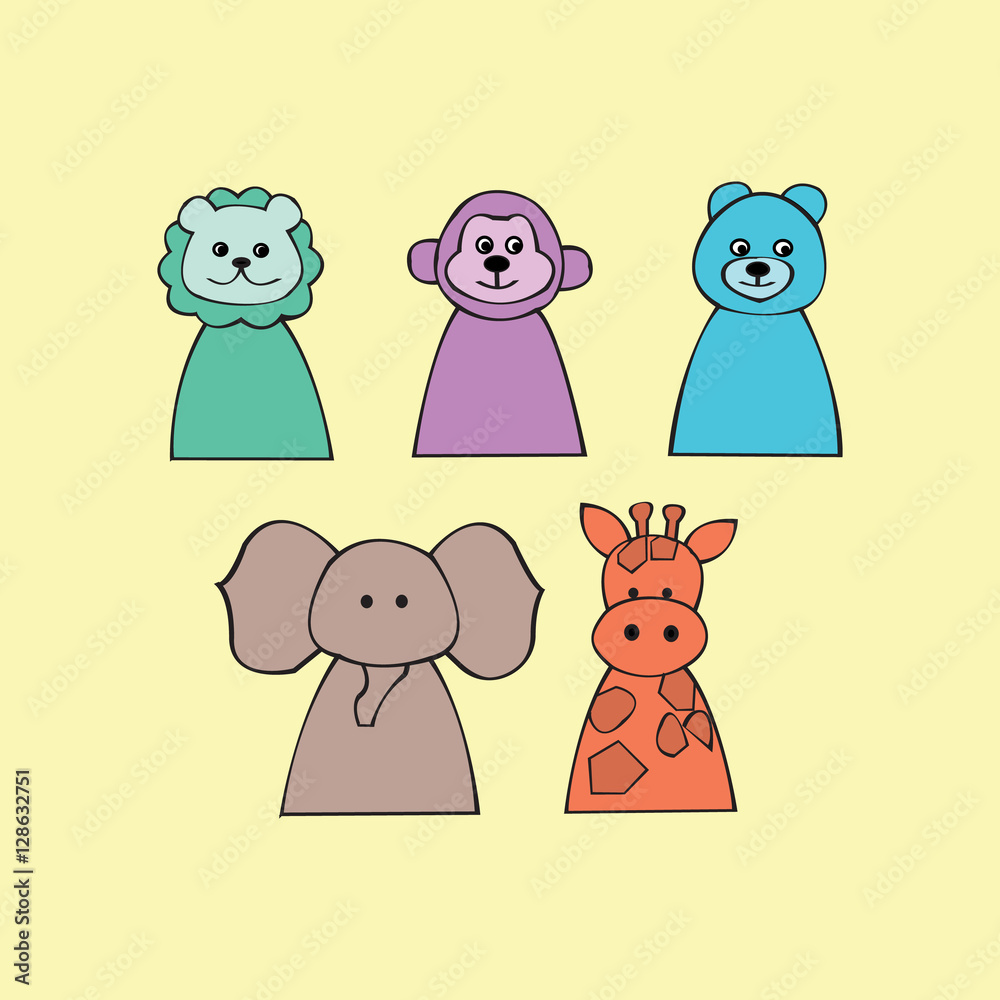 Vector illustration of cute animal set including giraffe, monkey, lion ...