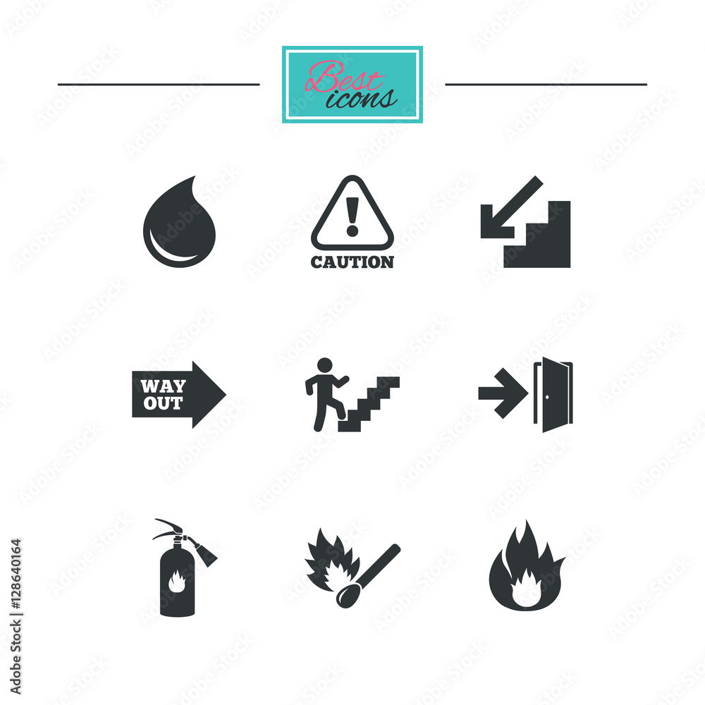 Fire safety, emergency icons. Fire extinguisher, exit and attention ...