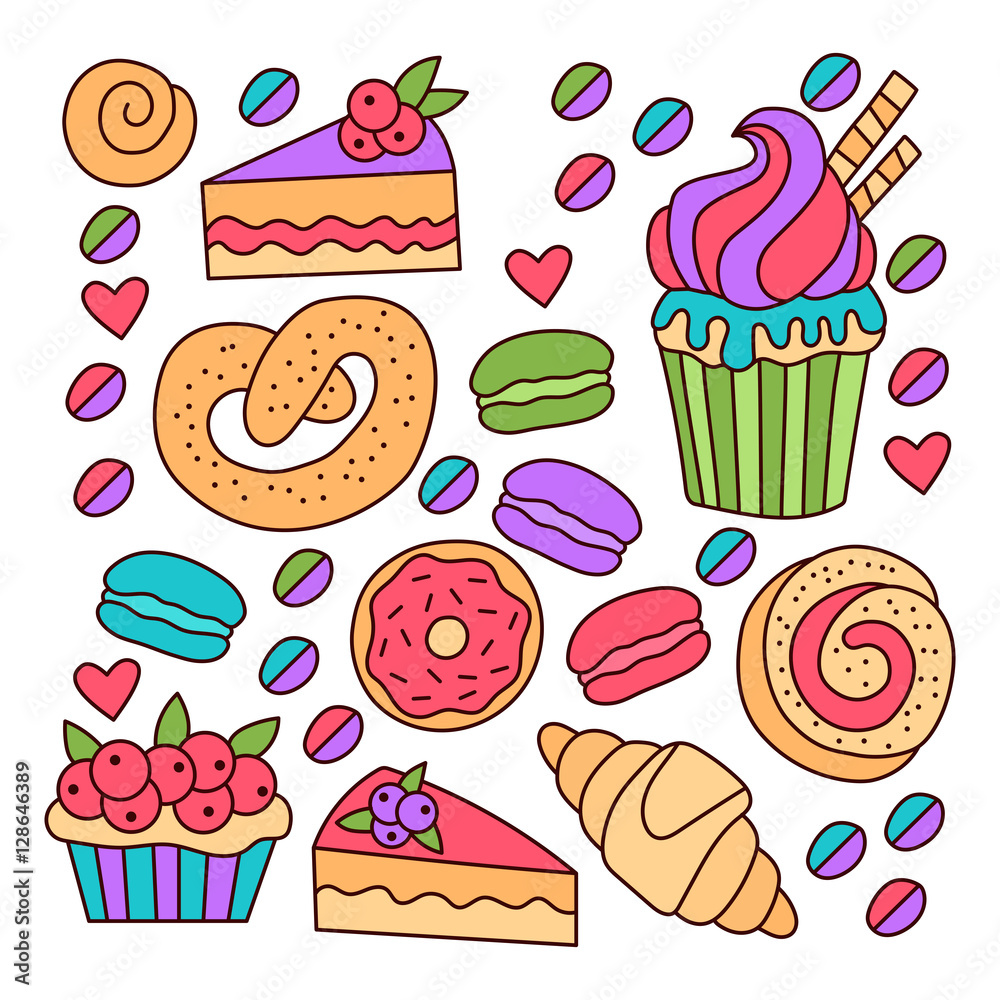 Cute bakery muffin cupcake macaroon pie doodlesvector set Stock Vector ...