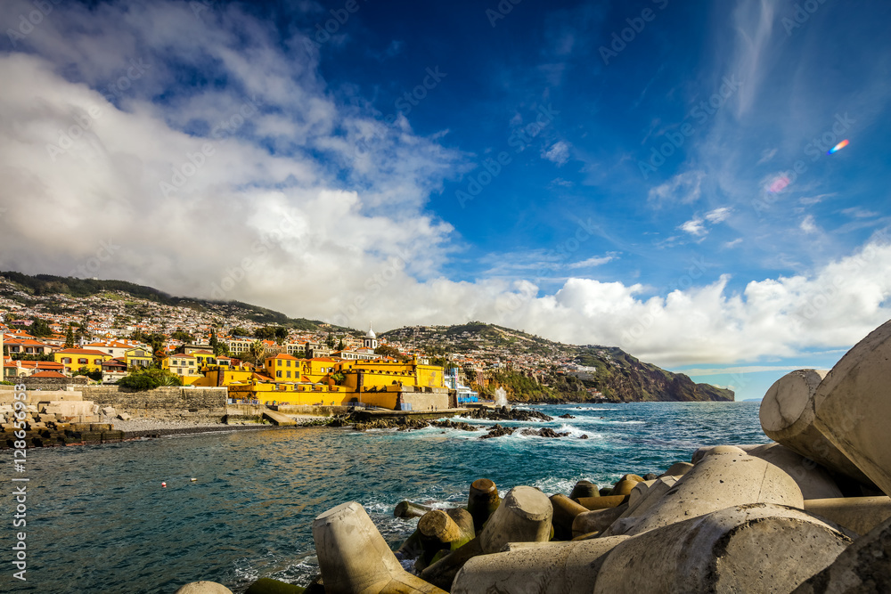 Old castle in Funchal and breakwaters, Madeira, Portugal Stock Photo ...