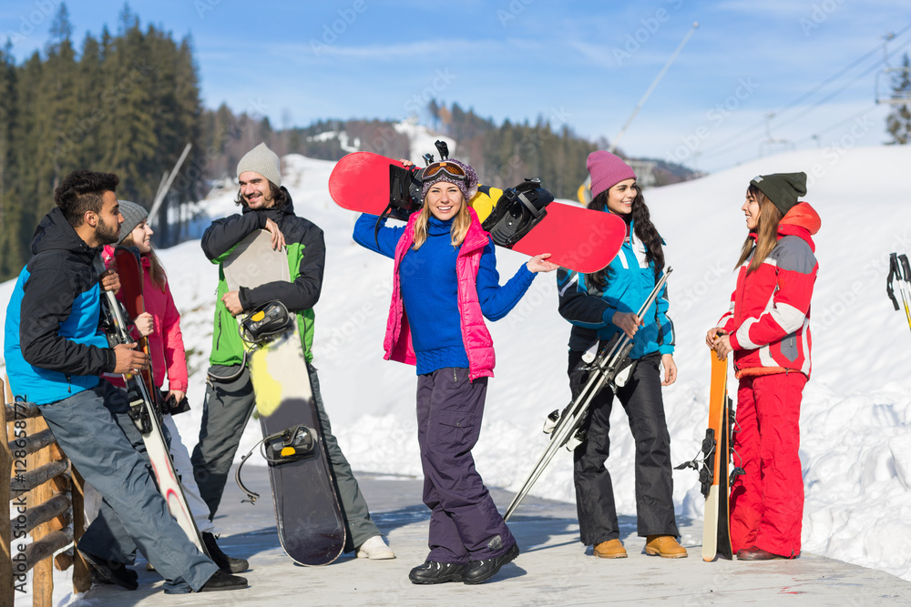 Group Of People Ski And Snowboard Resort Winter Snow Mountain Cheerful ...