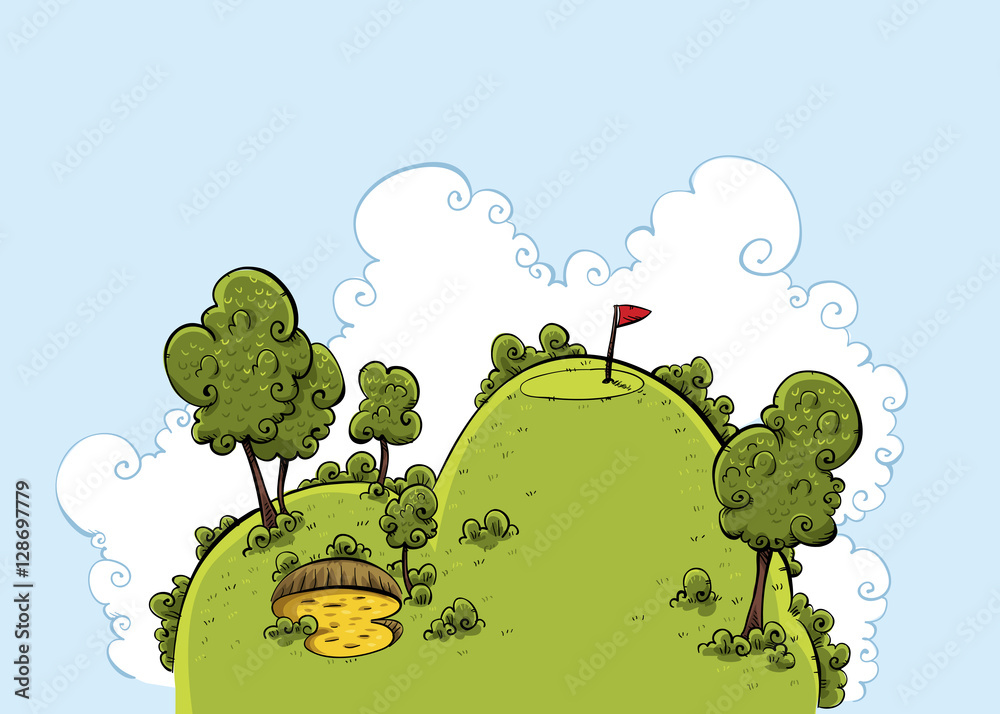 Lush, green cartoon trees, a sand trap and putting green at the top of ...