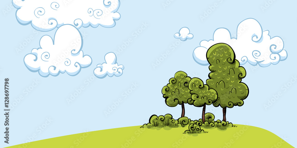 Lush, green cartoon trees at the top of a hill with a bright blue sky ...