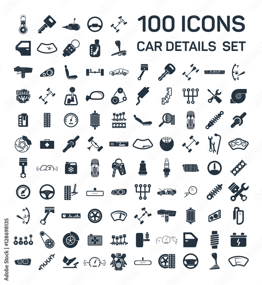 Car details & garage 100 isolated icons set on white background, Stock ...