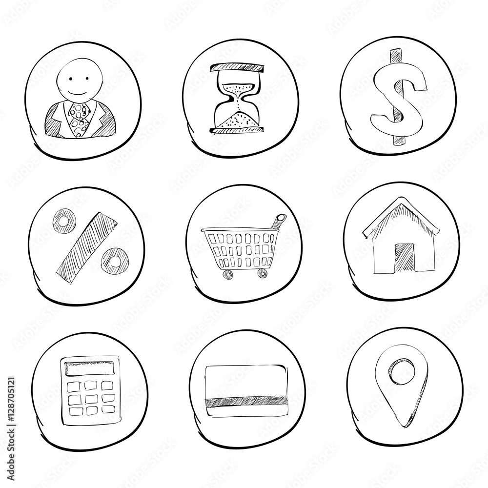 Shop icons set. Hand drawn illustration of 9 shop vector icons for web ...