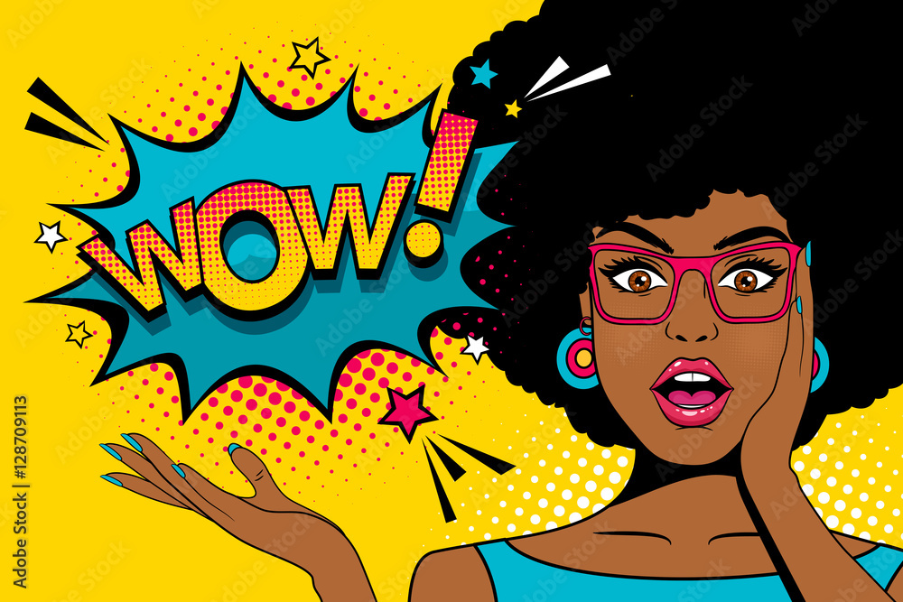 Wow Pop Art Face Sexy Surprised Young African Woman With Open Mouth 9301
