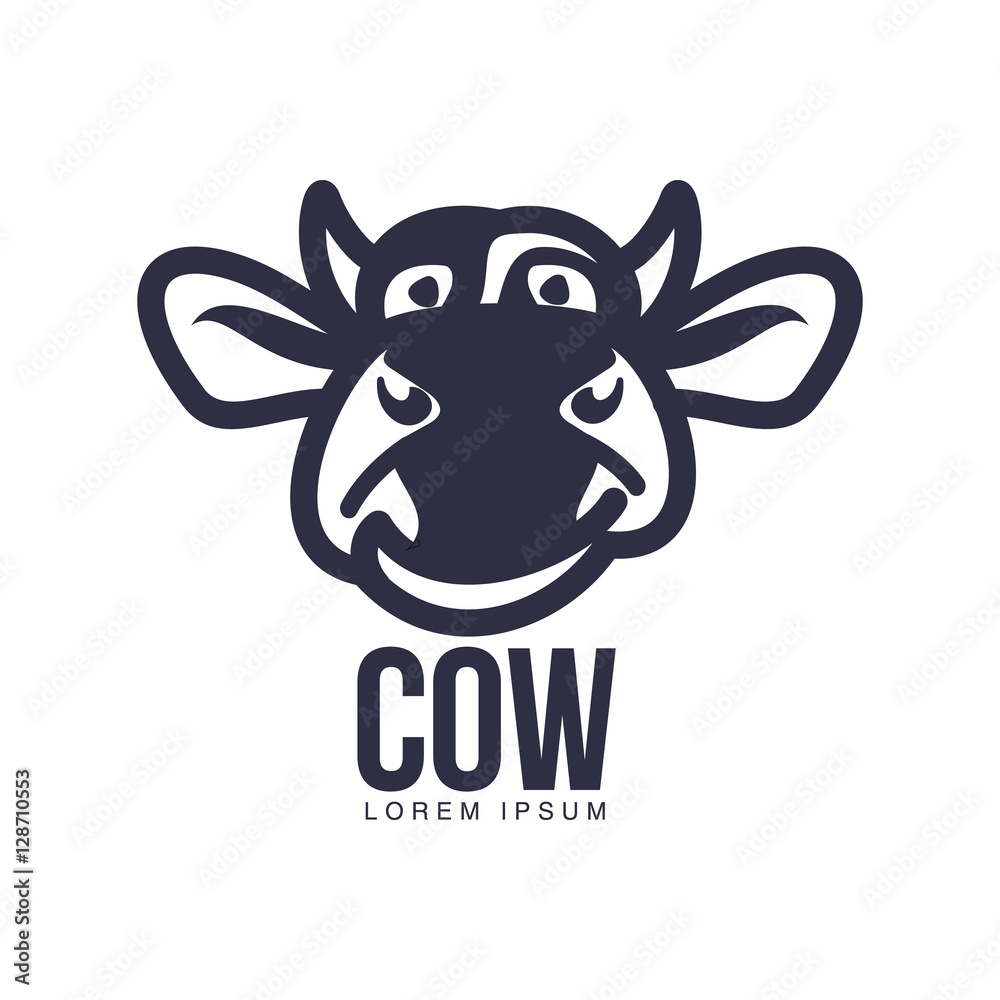 Funny cow head logo template, cartoon vector illustration on white ...