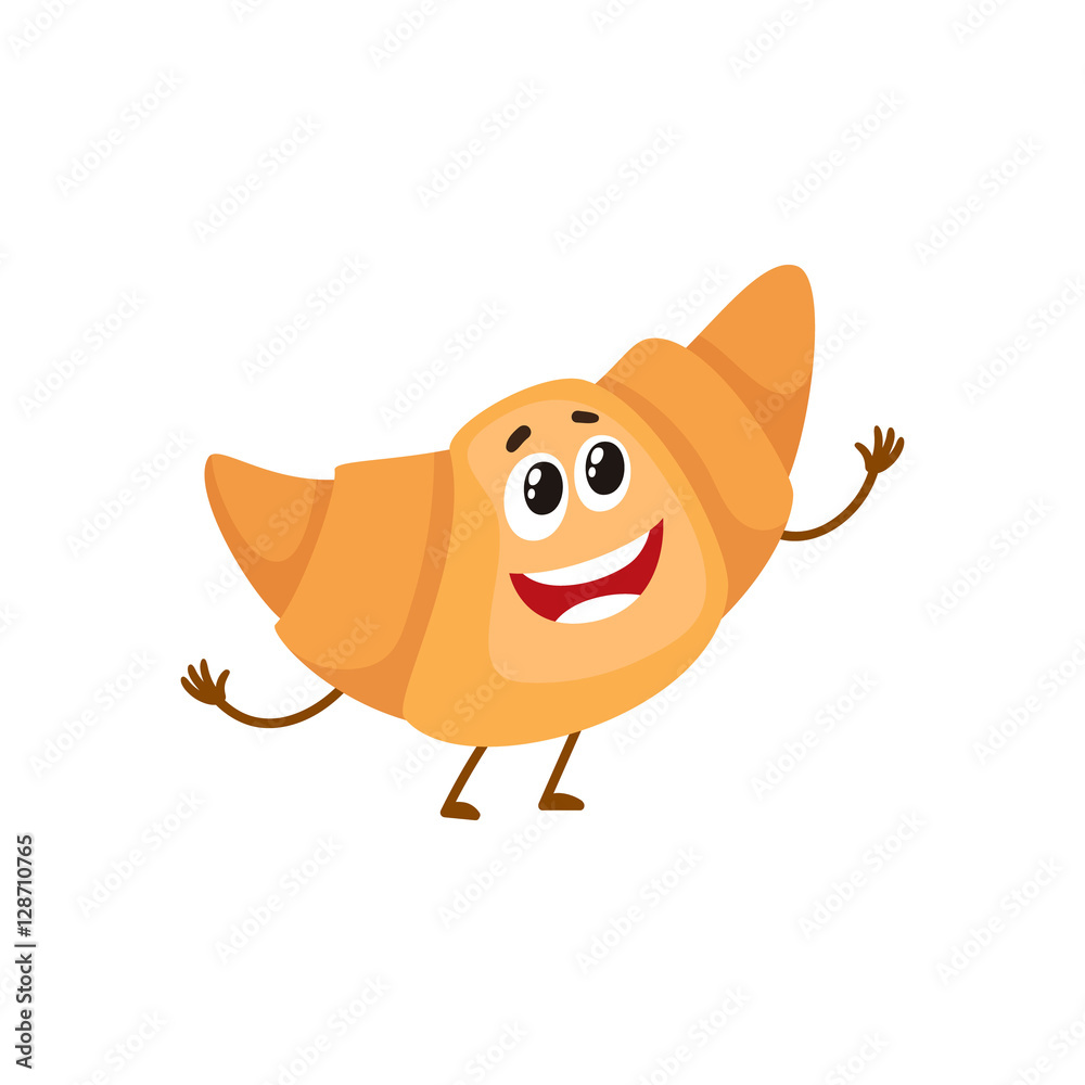 Funny croissant, bread roll character, cartoon style vector ...