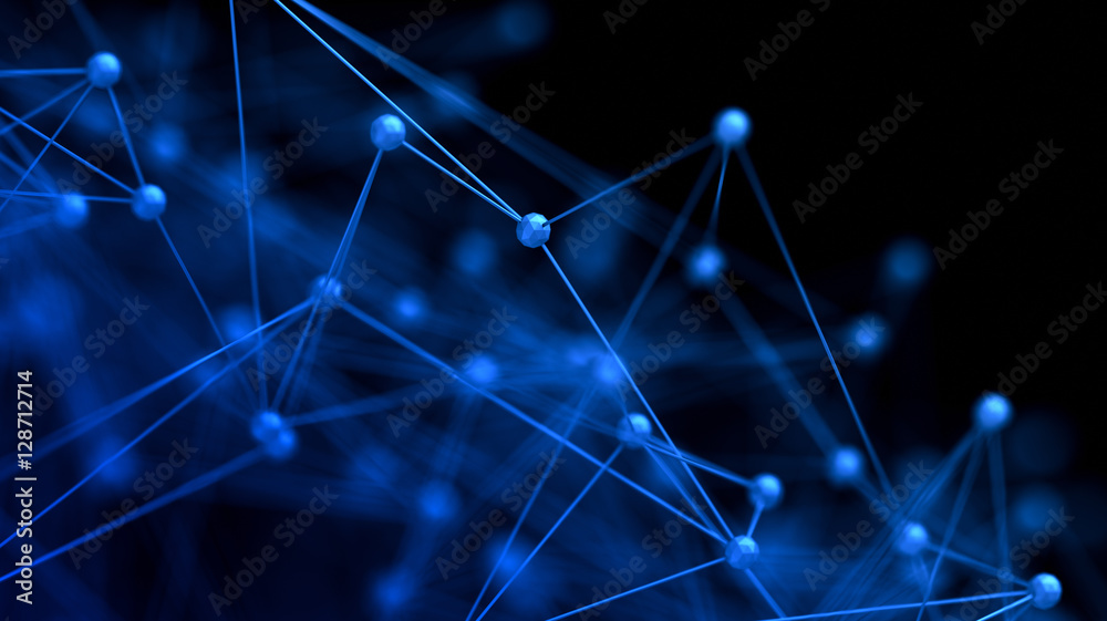 Abstract 3d rendering of chaotic structure. Plexus background with lines and polygonal spheres ...