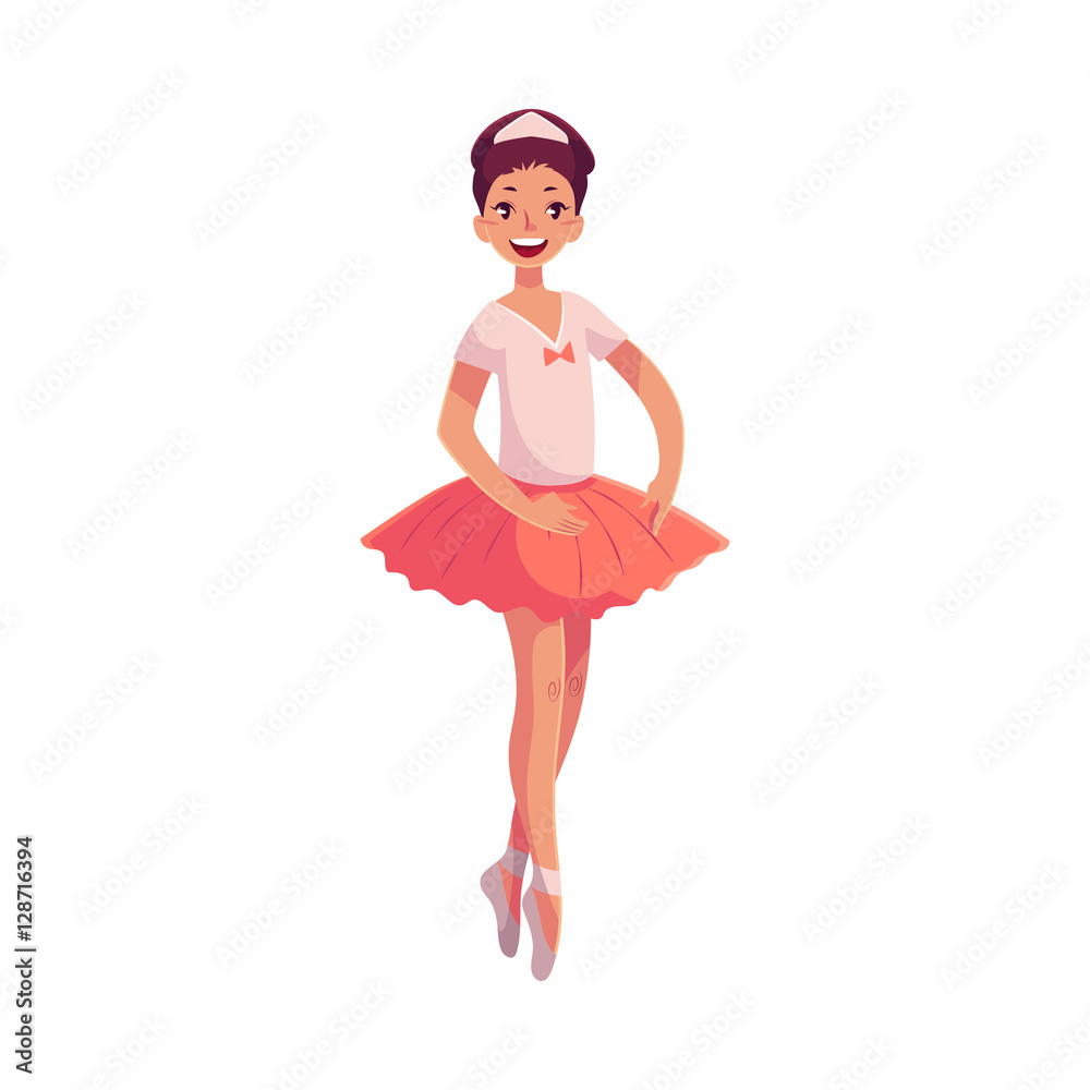 Pretty young ballerina in pink tutu standing on toes, cartoon style ...