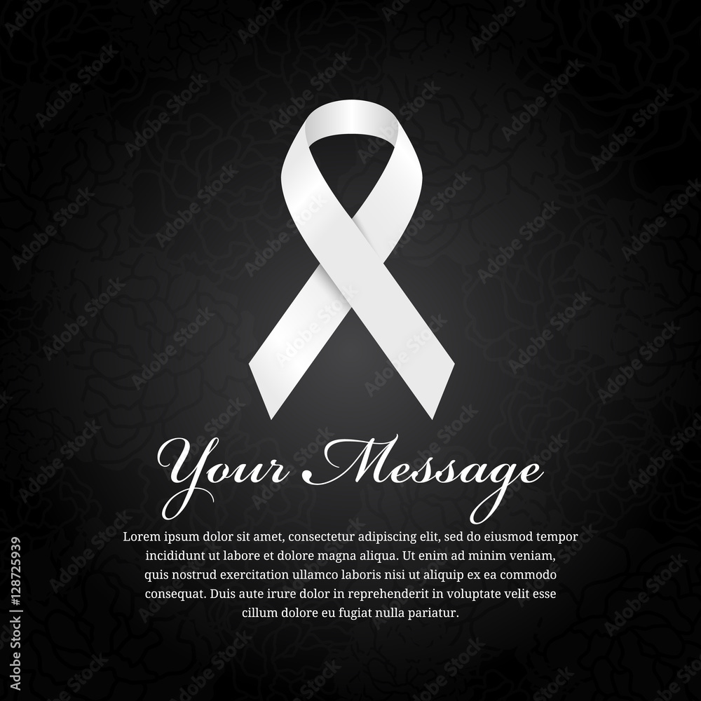 funeral card - White ribbon and place for text on soft flower abstract ...