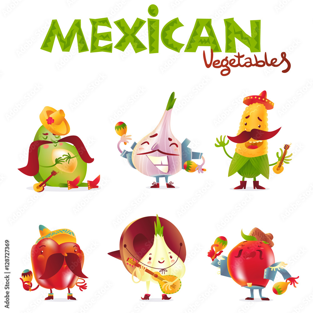Mexican vegetable characters playing musical instruments, cartoon ...