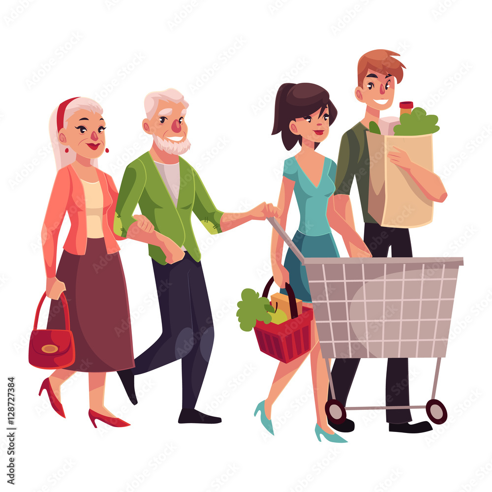 Old and young couples shopping together, buying food in grocery store ...