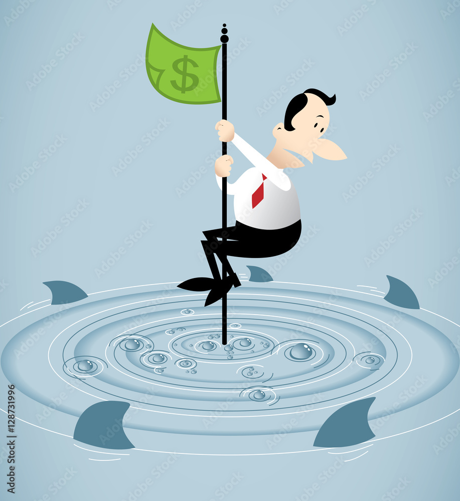 Vector illustration of a man sink to the bottom and sharks circling ...